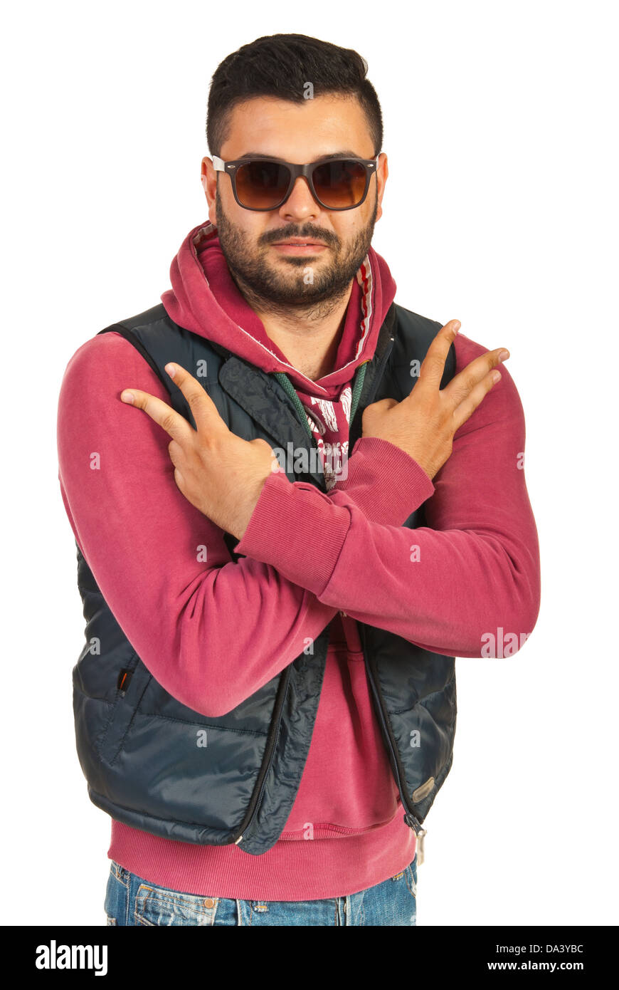 Rapper man with sunglasses showing fingers isolated on white background ...