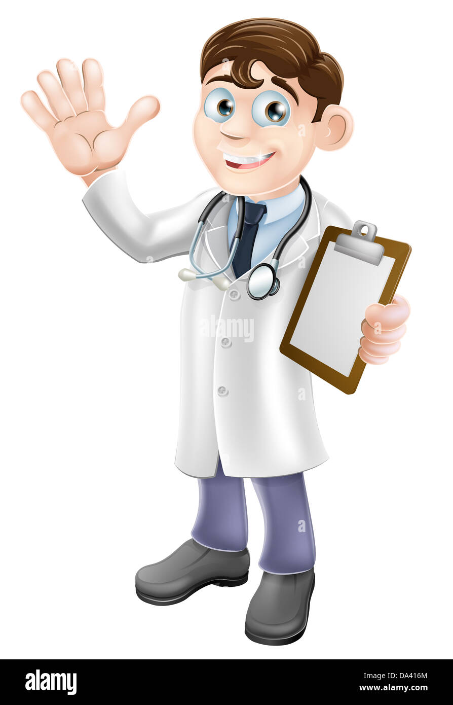 An illustration of a friendly cartoon doctor holding a clipboard and ...