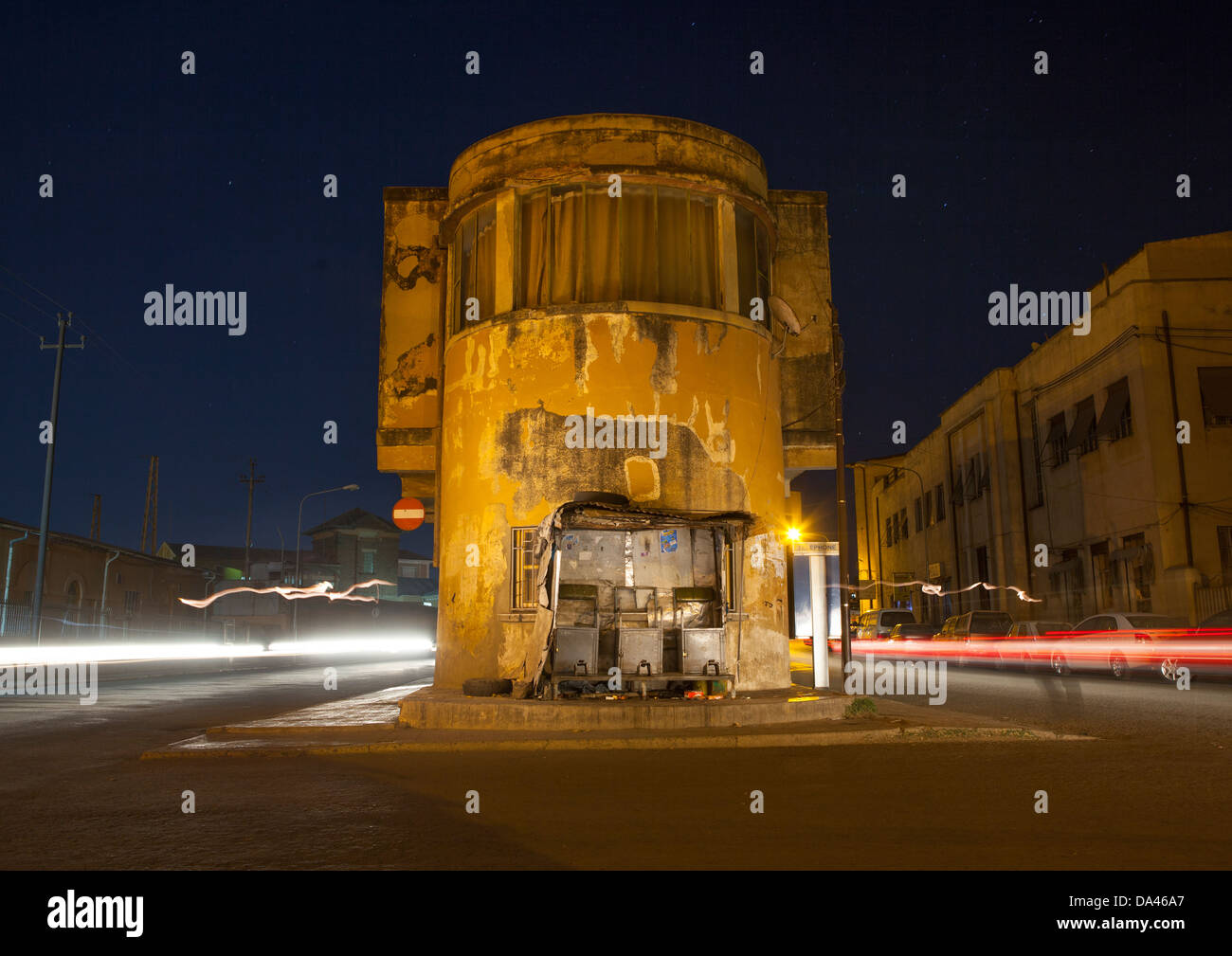 Old Italian Colonial Buildings At Night, Asmara, Eritrea Stock Photo ...
