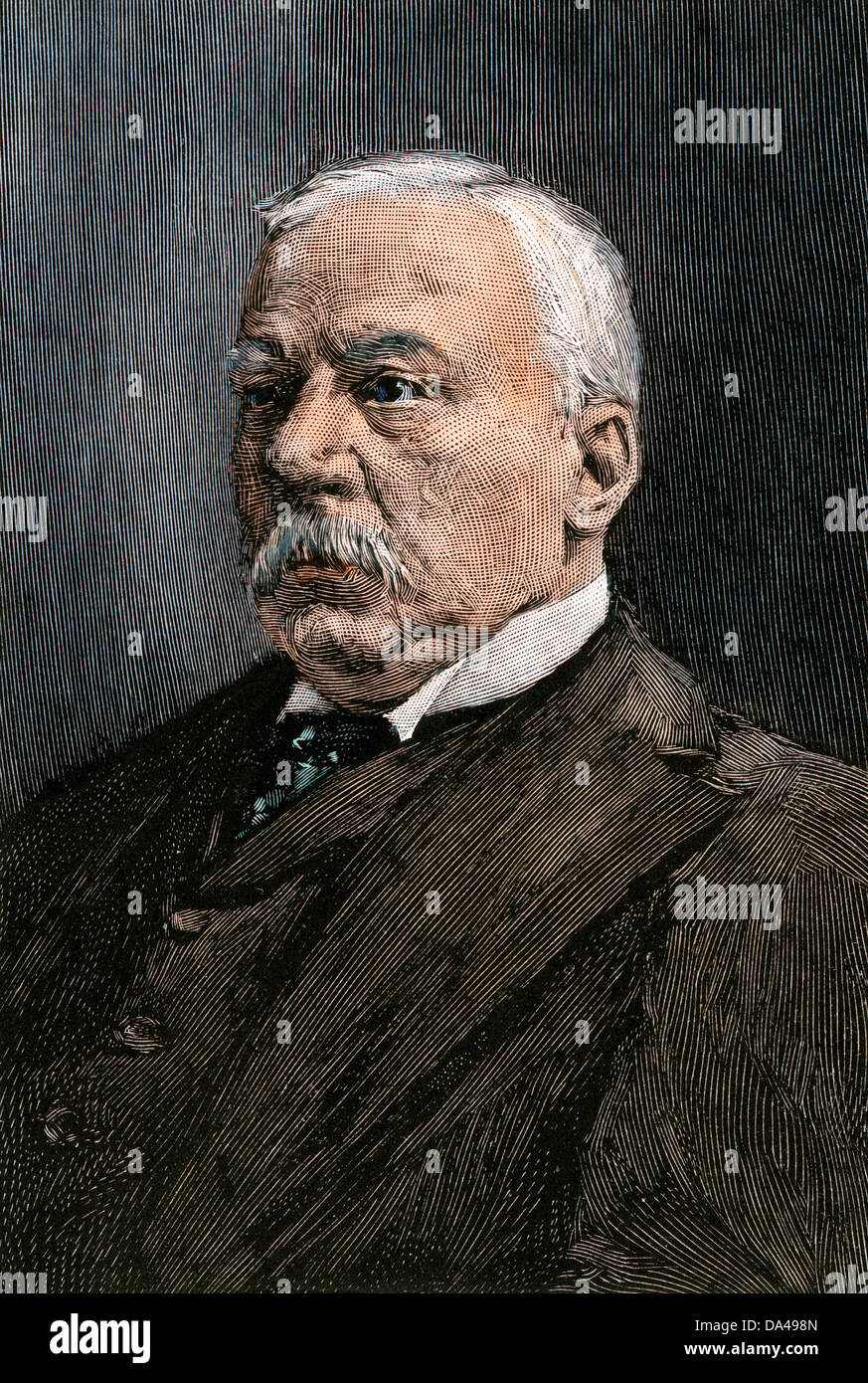 Portrait of financier John Pierpont Morgan, 1890s. Hand-colored woodcut ...
