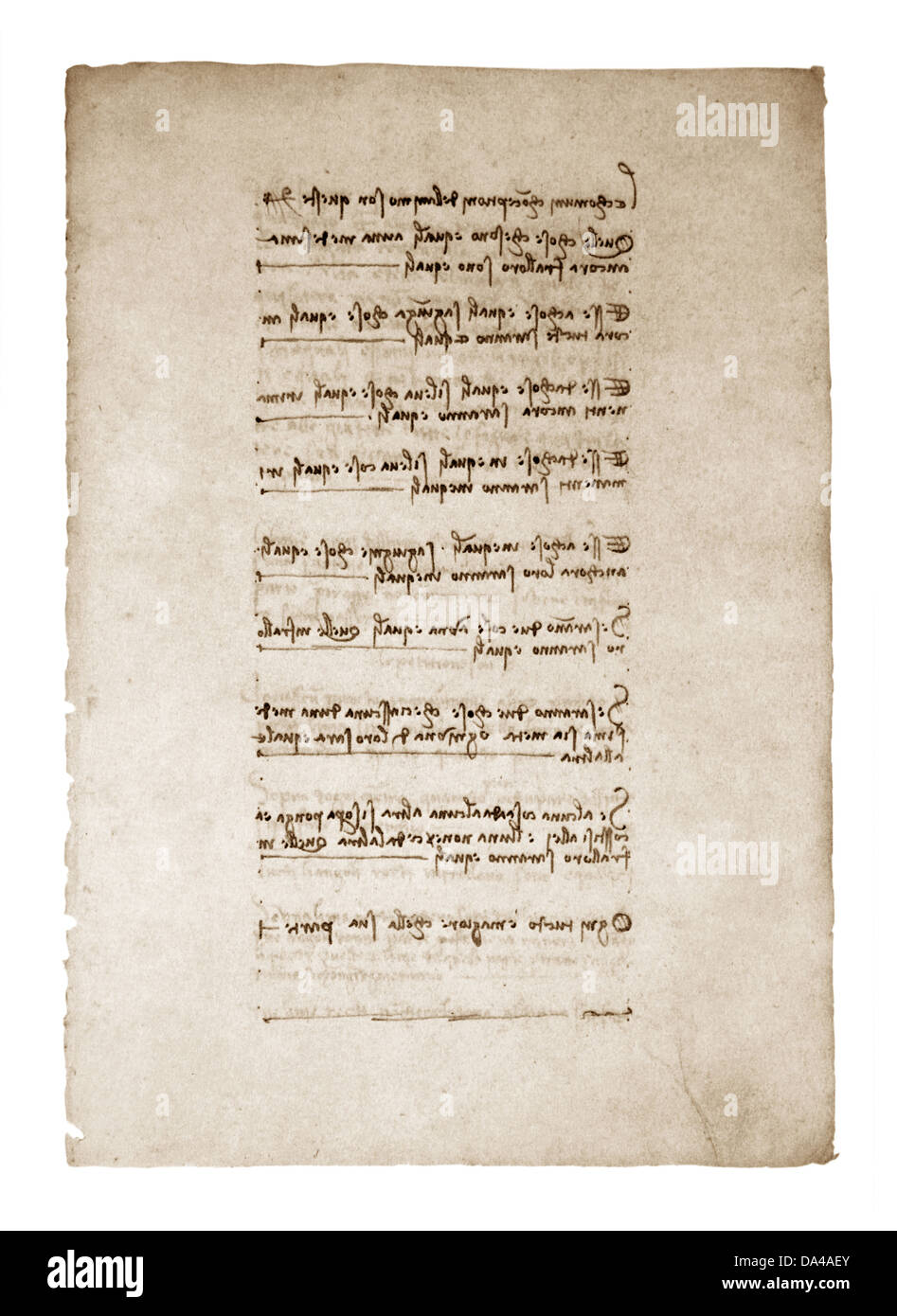 Old leaf of a paper with inscriptions by Leonardo Da Vinci Stock Photo ...