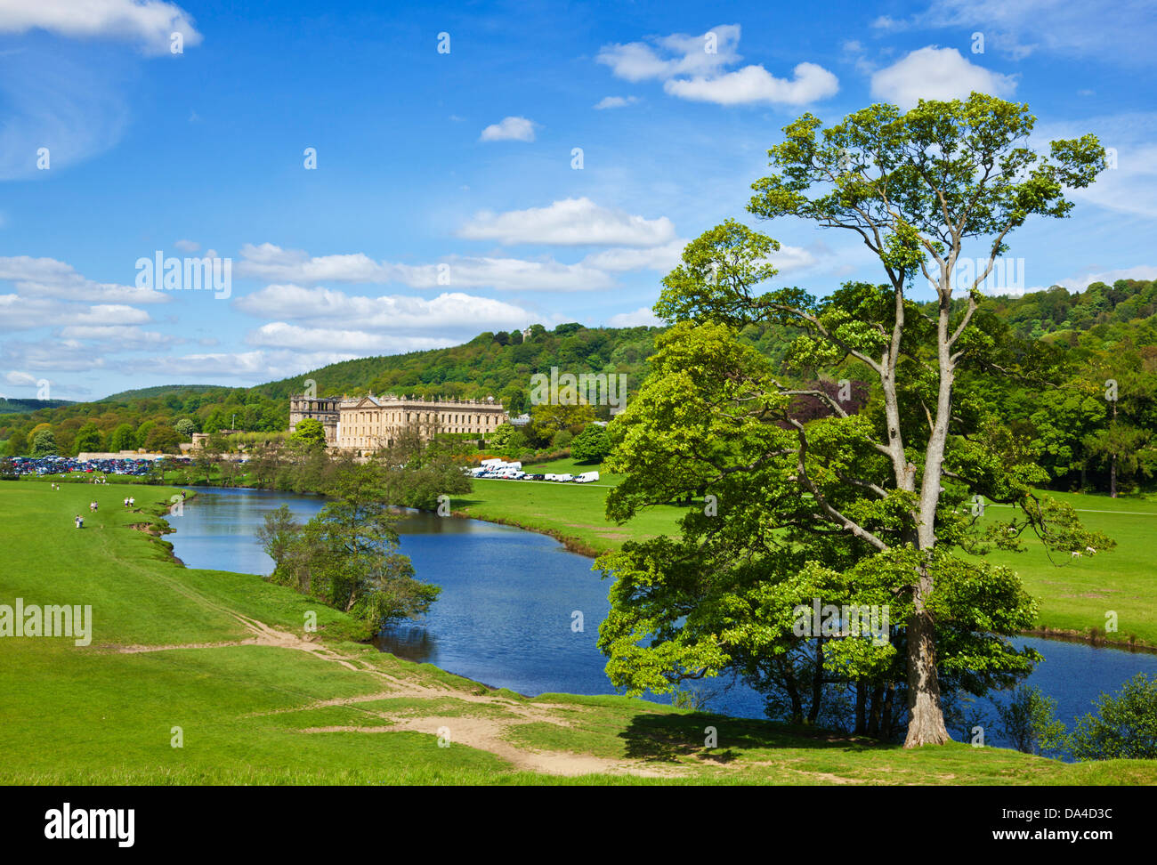 Chatsworth House park with river Derwent parkland and woods Derbyshire ...