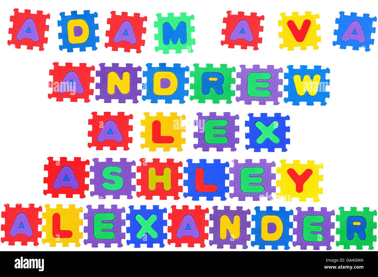 The names Ava, Alex, Adam, Andrew, Ashley and Alexander made of letter ...