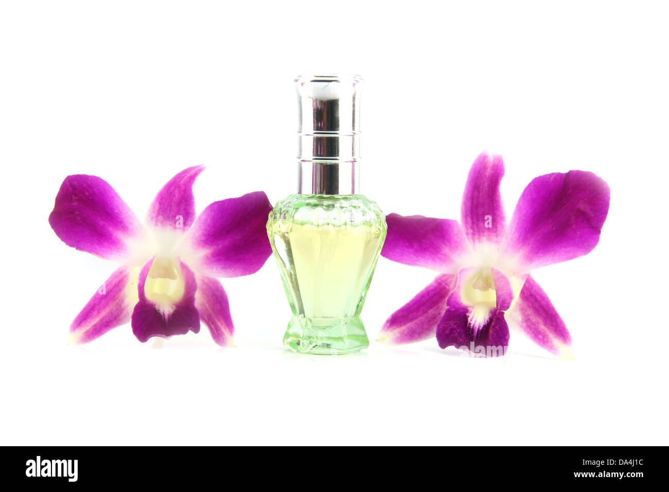 The Purple orchid and Green Perfume bottles on the white background ...