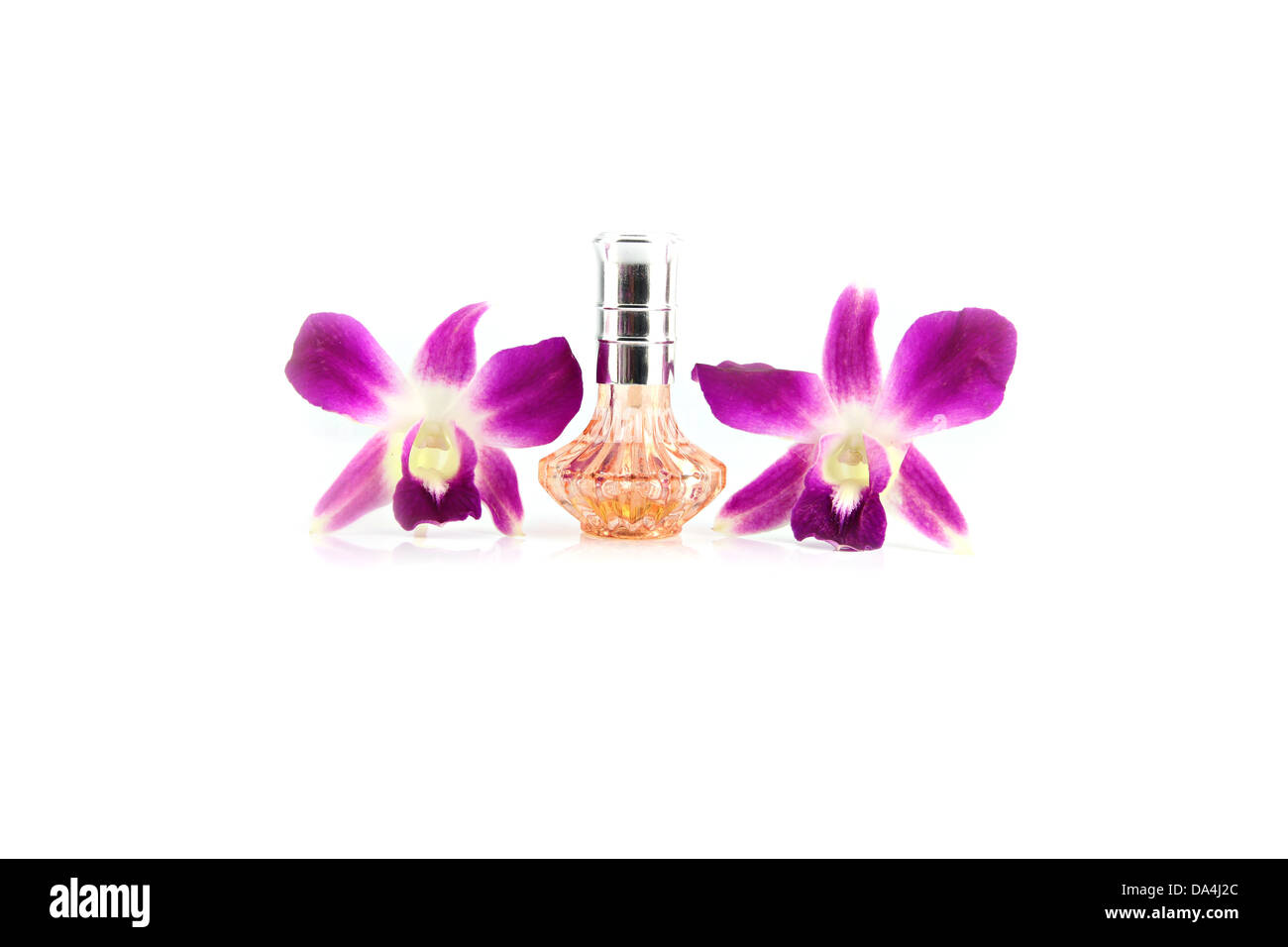 The Purple orchid and Orange Perfume bottles on the white background ...