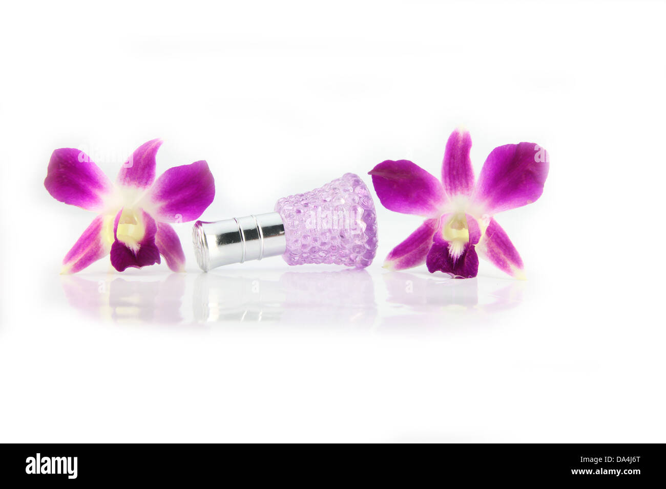 The Purple orchid and Purple Perfume bottles on the white background ...