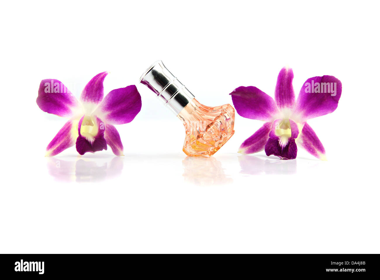 The Purple orchid and Orange Perfume bottles on the white background ...