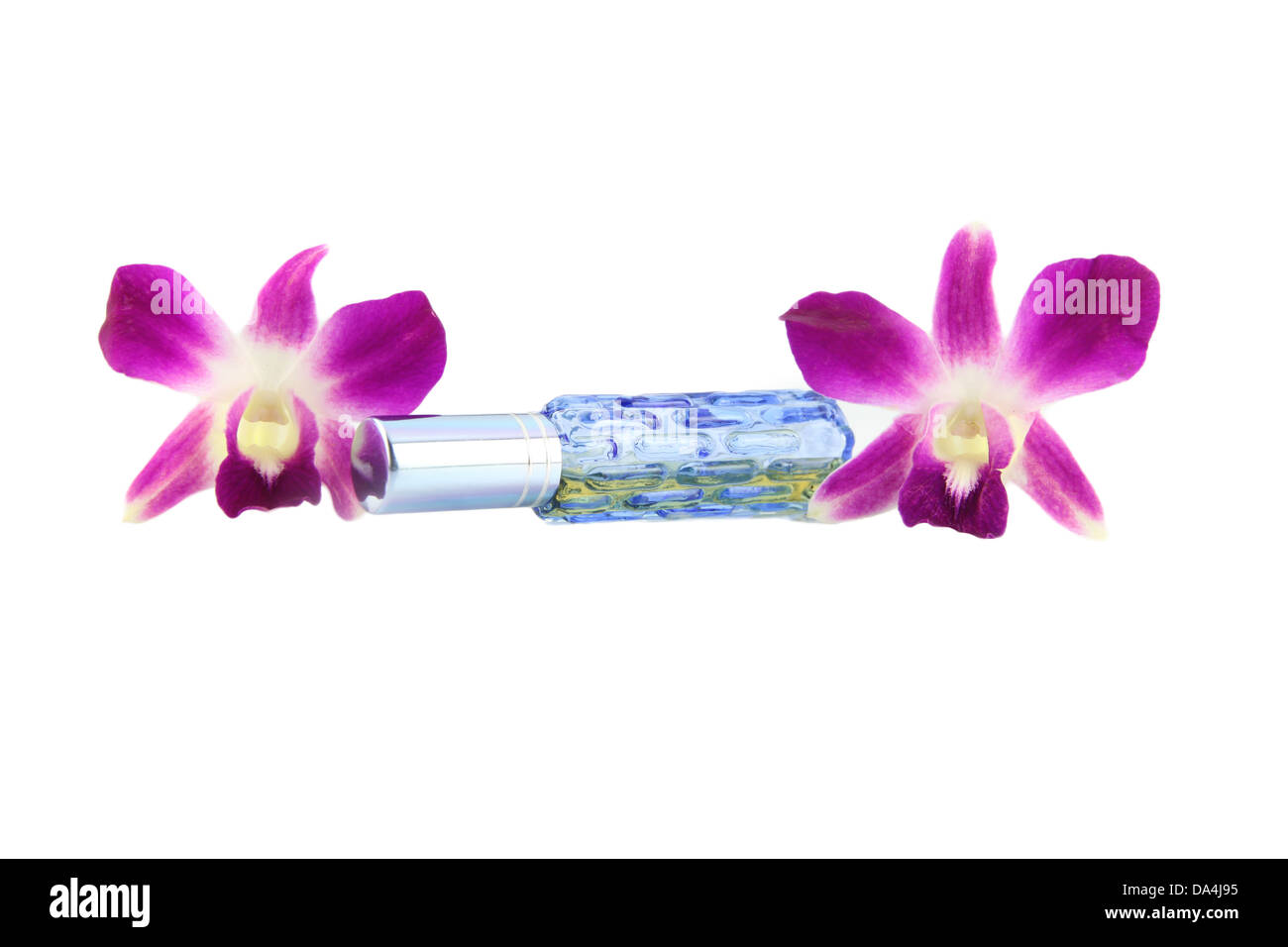The Purple orchid and blue color Perfume bottles on the white ...