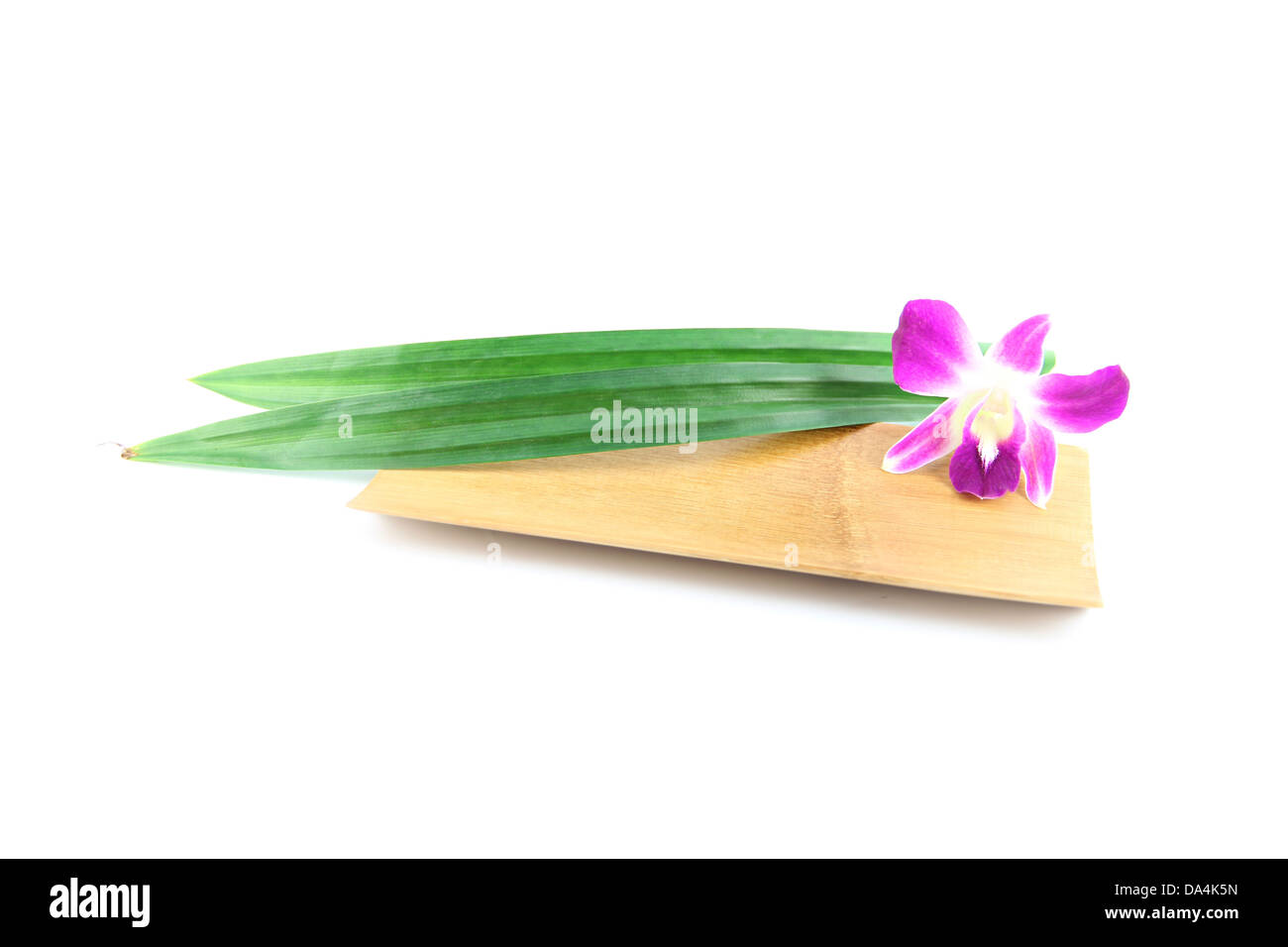 The Purple orchids and pandanus in bamboo dish on the white background ...