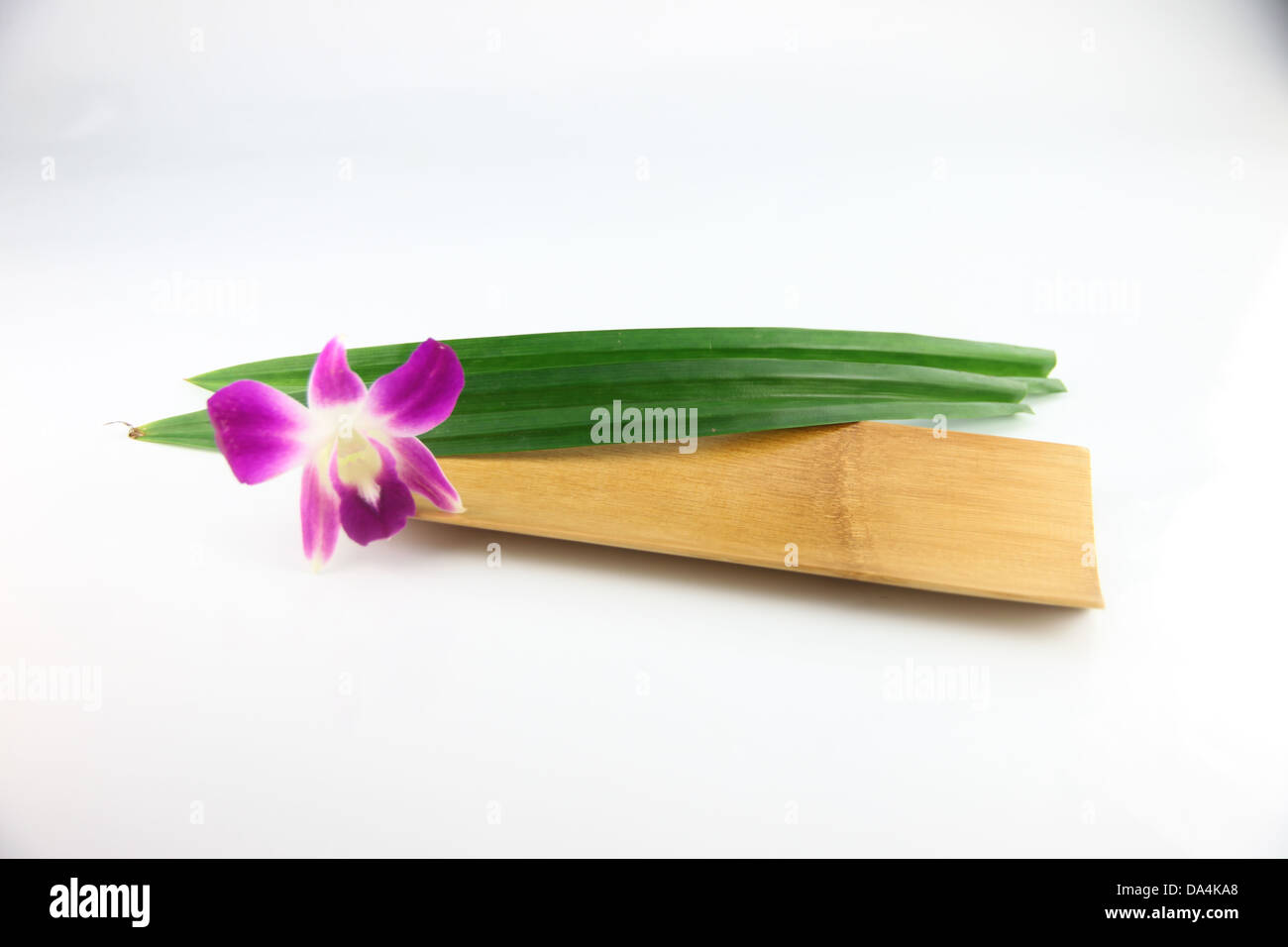 The Purple orchids and pandanus in bamboo dish on the white background ...