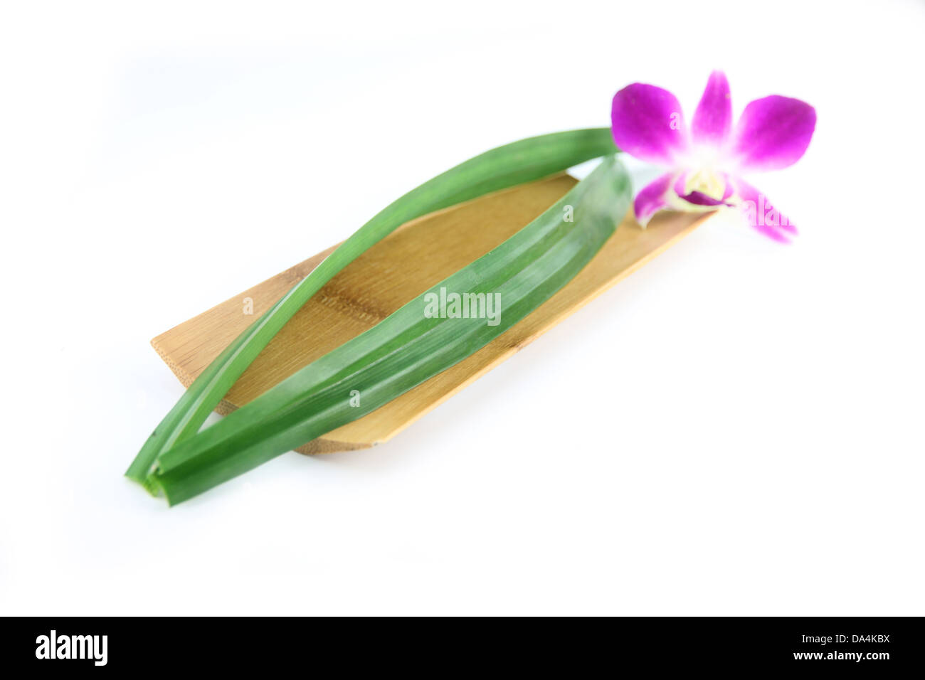 The Purple orchids and pandanus in bamboo dish on the white background ...