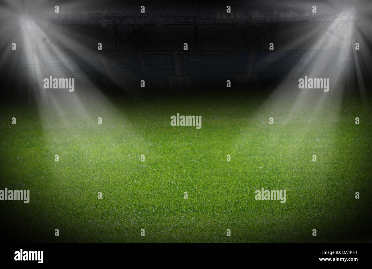 Green soccer field, bright spotlights, illuminated stadium Stock Photo ...
