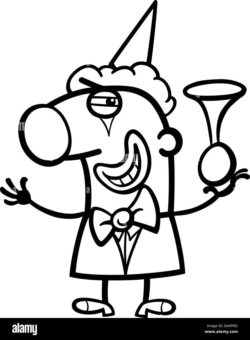 Black and White Cartoon Illustration of Funny Clown Performer with Horn ...