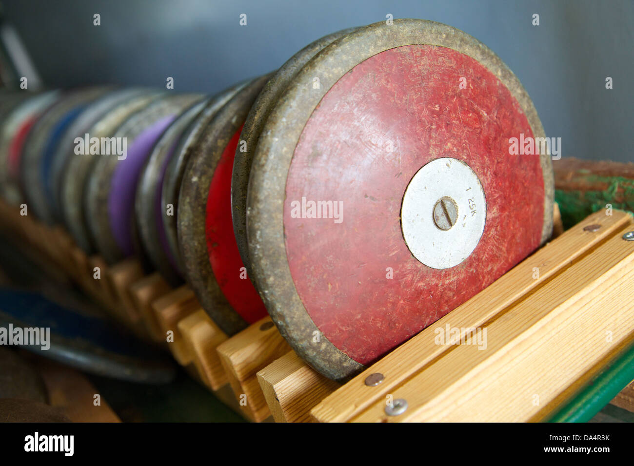 A discus rack of athletics equipment Stock Photo - Alamy