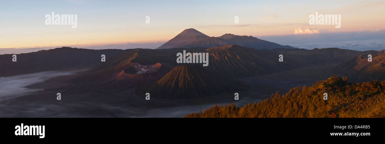 Dawn at Bromo mountain crater, panorama Stock Photo - Alamy