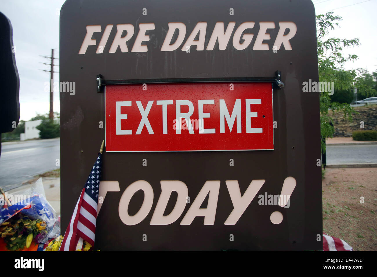Prescott, AZ, USA. 3rd July, 2013. An extreme fire danger sign is ...
