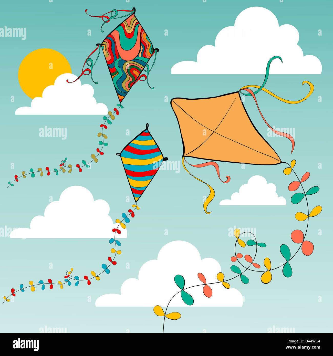 Vibrant colors spring flying kites in the sky . Vector file layered for ...