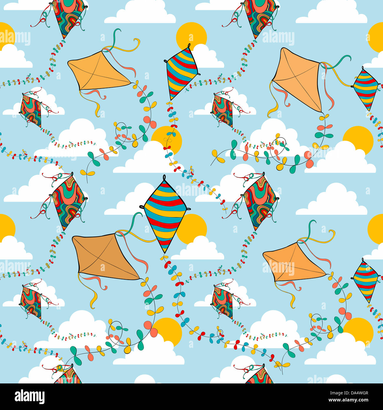 Vibrant colors spring flying kite seamless pattern. Vector file layered ...