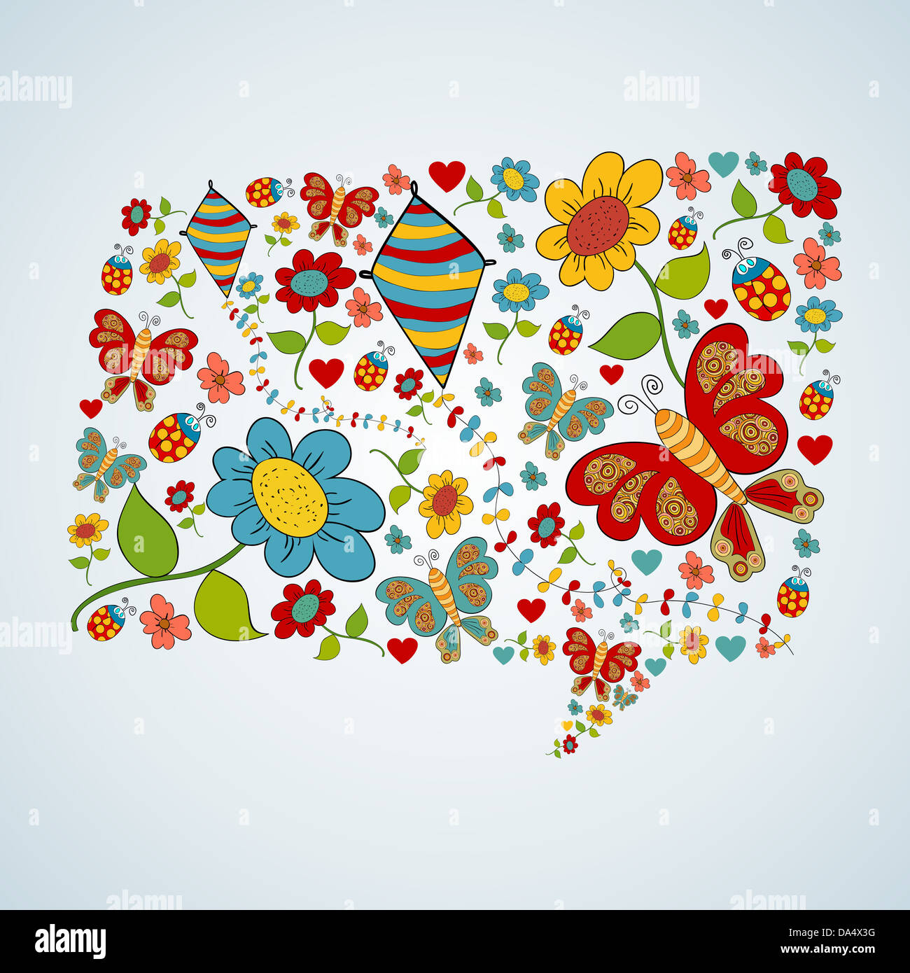Spring flower and butterfly icons texture in social media bubble speech ...