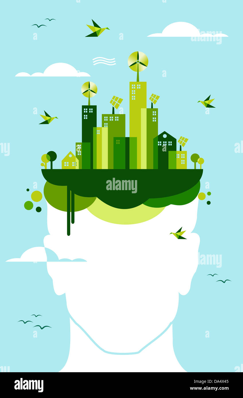 Think green concept: man head and green town illustration. Vector file ...