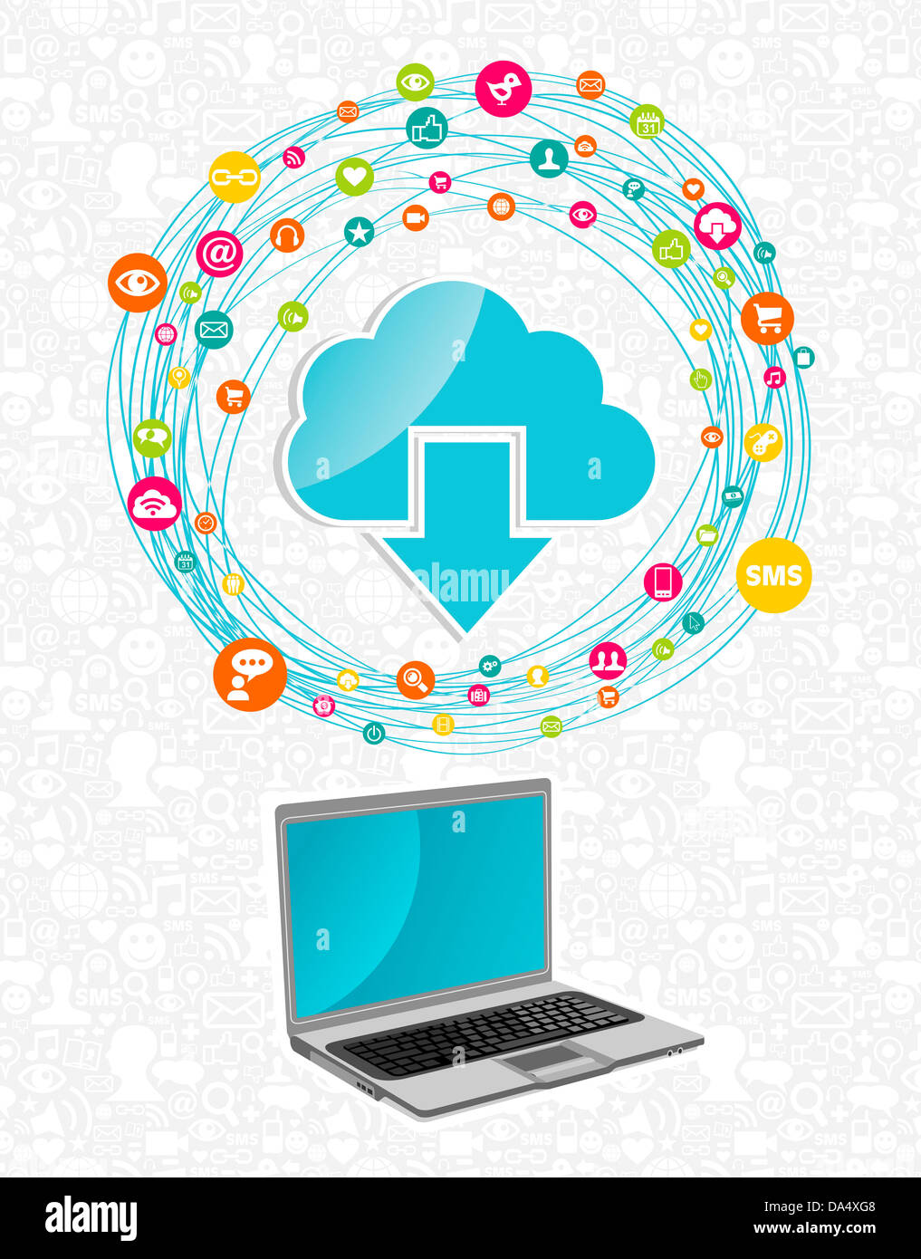 Cloud computing network diagram with notebook. Vector illustration ...