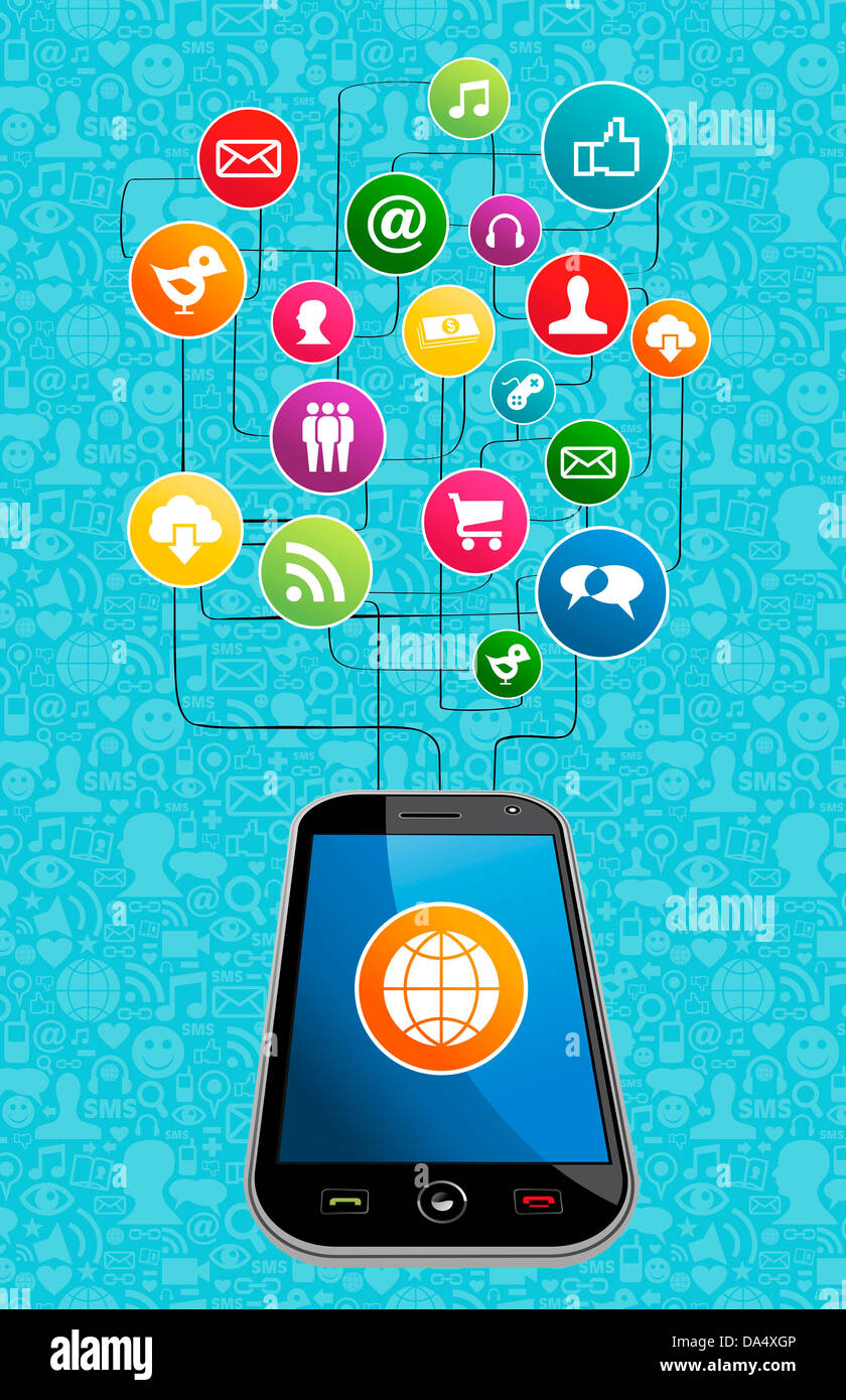 Worlwide social media network icon set diagram with smart phone. Vector ...