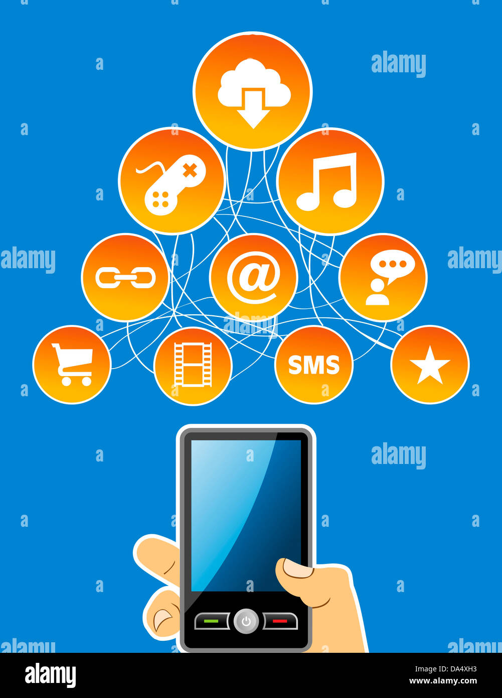 Cloud computing social media network icon set diagram with hand holding ...