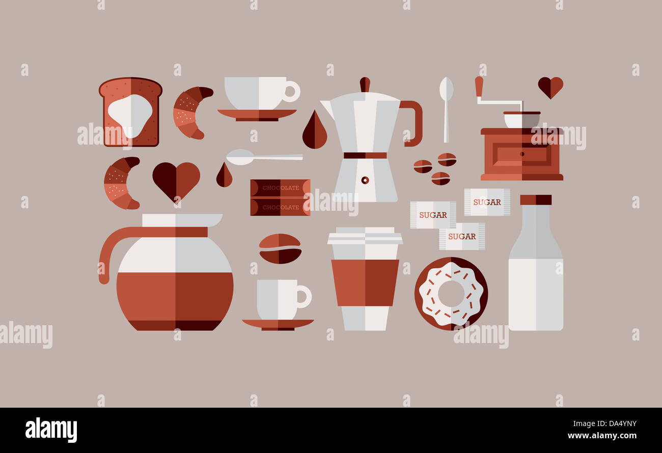 Colorful coffee breakfast icon set over beige background. Vector file ...