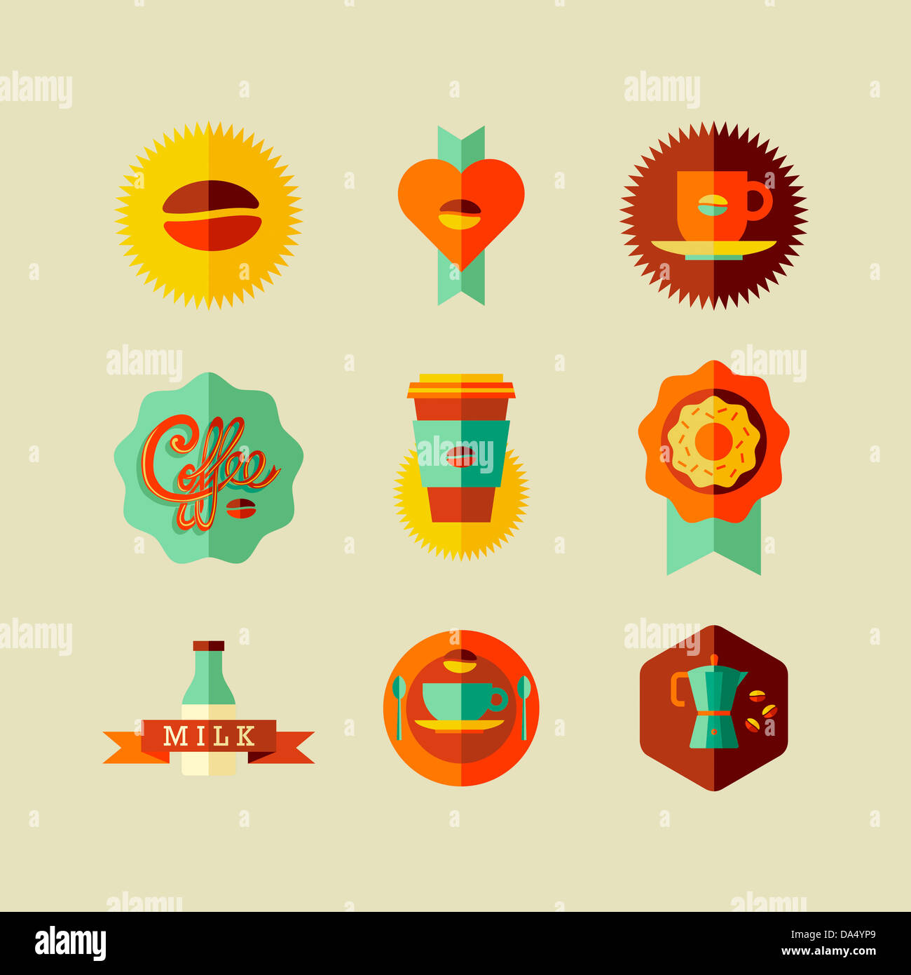 Colorful coffee shop flat icons over beige background set. Vector file ...