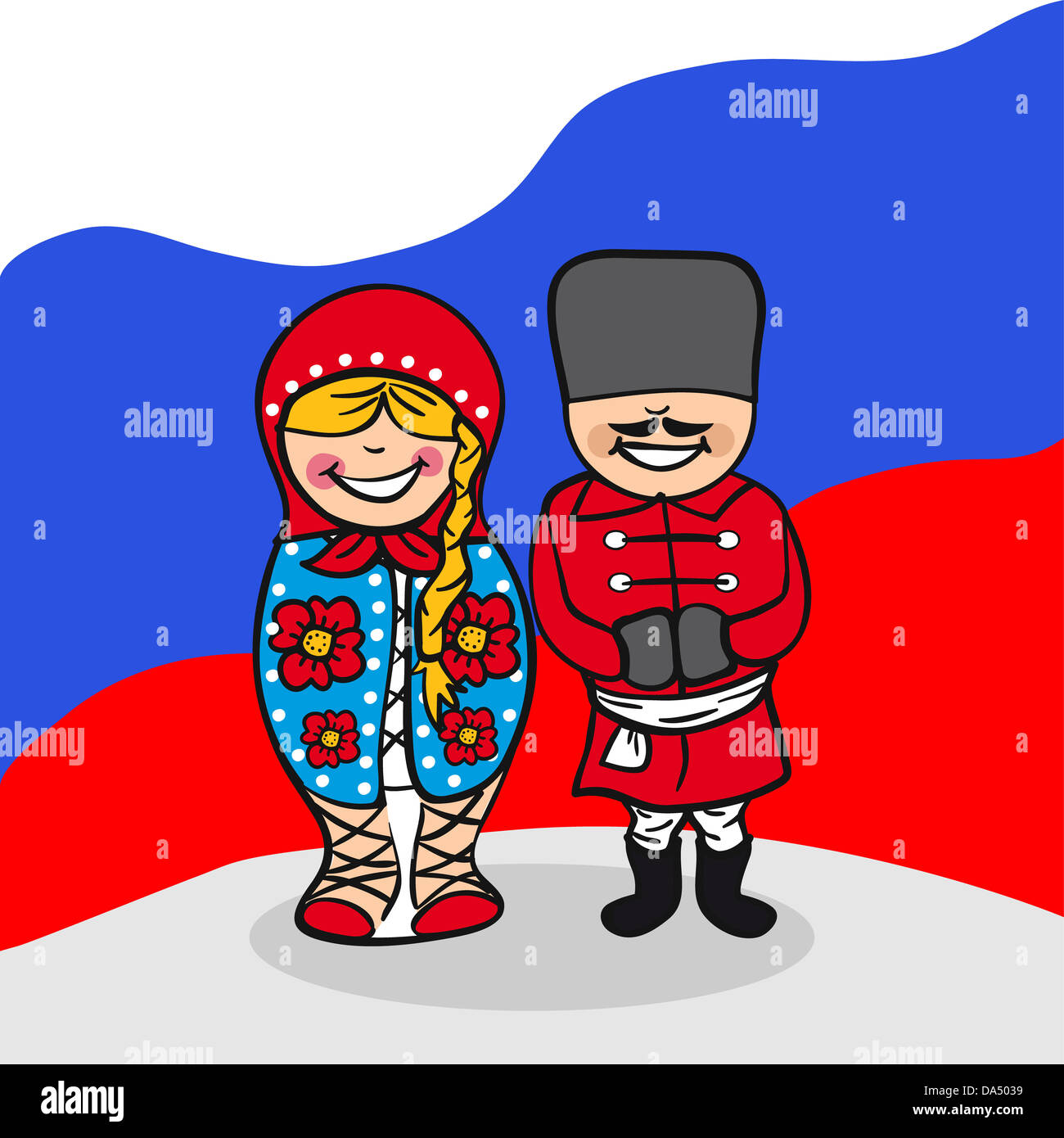 Russian man and woman cartoon couple with national flag background ...