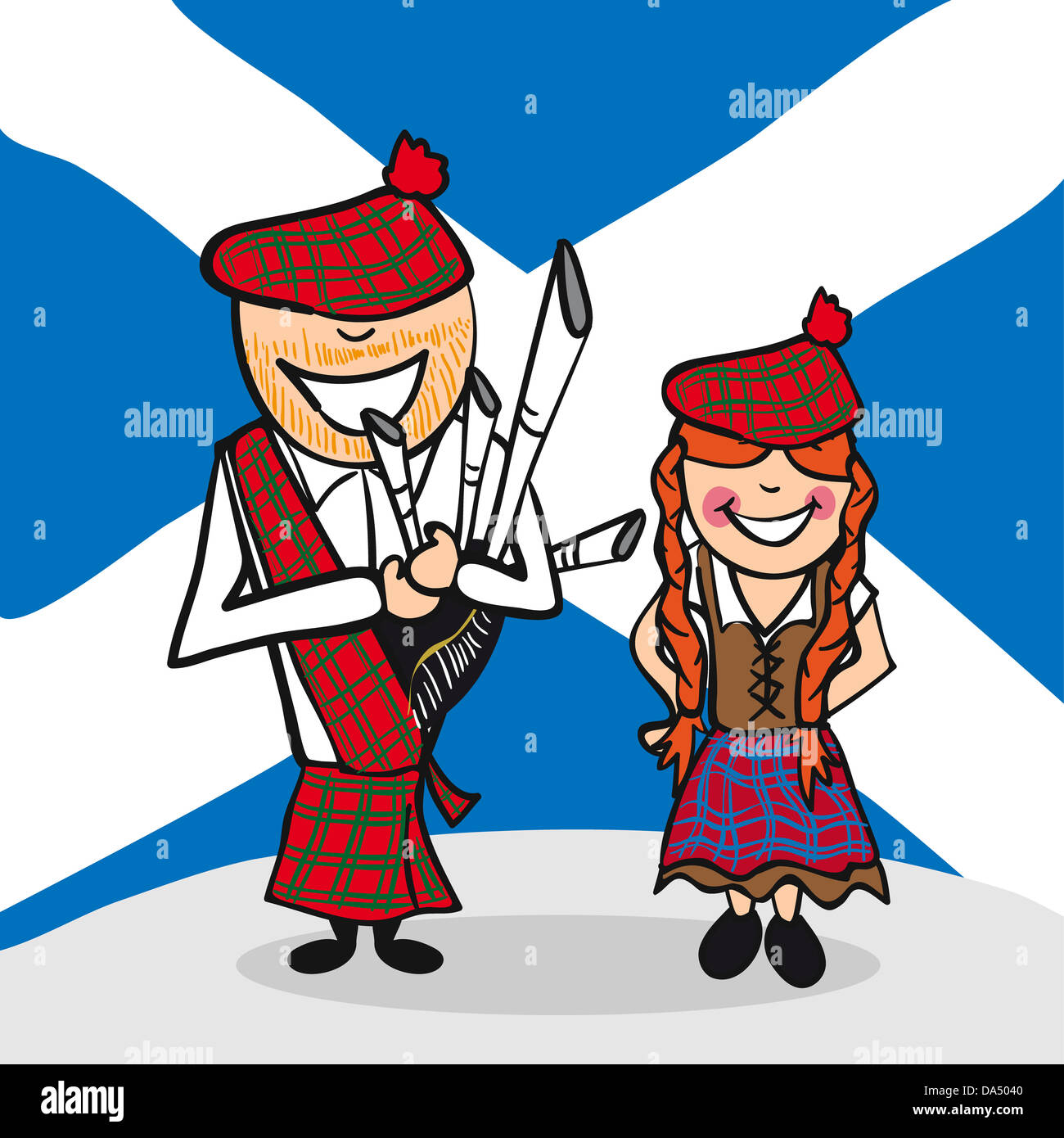 Scottish man and woman cartoon couple with national flag background ...