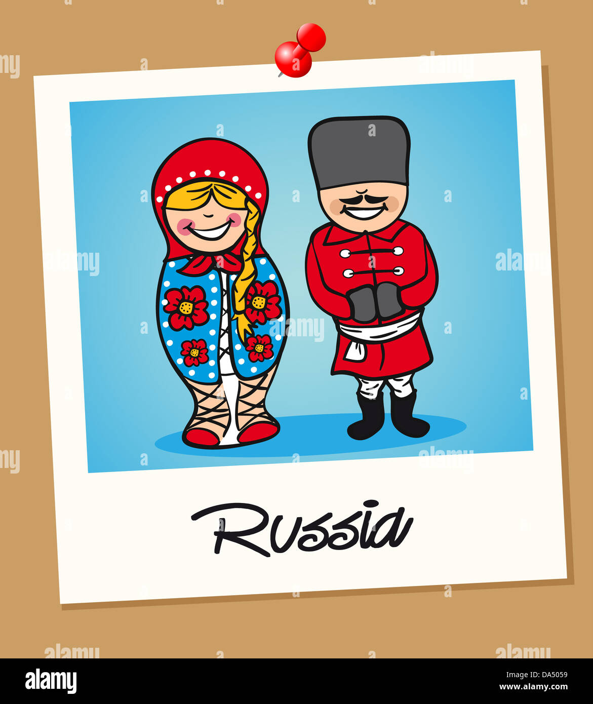 Russian man and woman cartoon couple in vintage instant photo frame ...