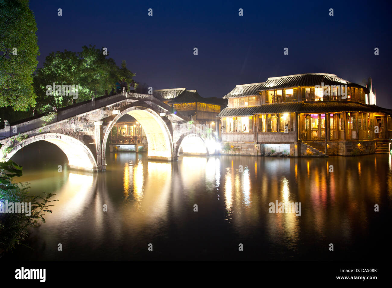 China, Wuzhen, Xizha Scenic Zone, Xishi River Scene., Arch Bridge Stock ...