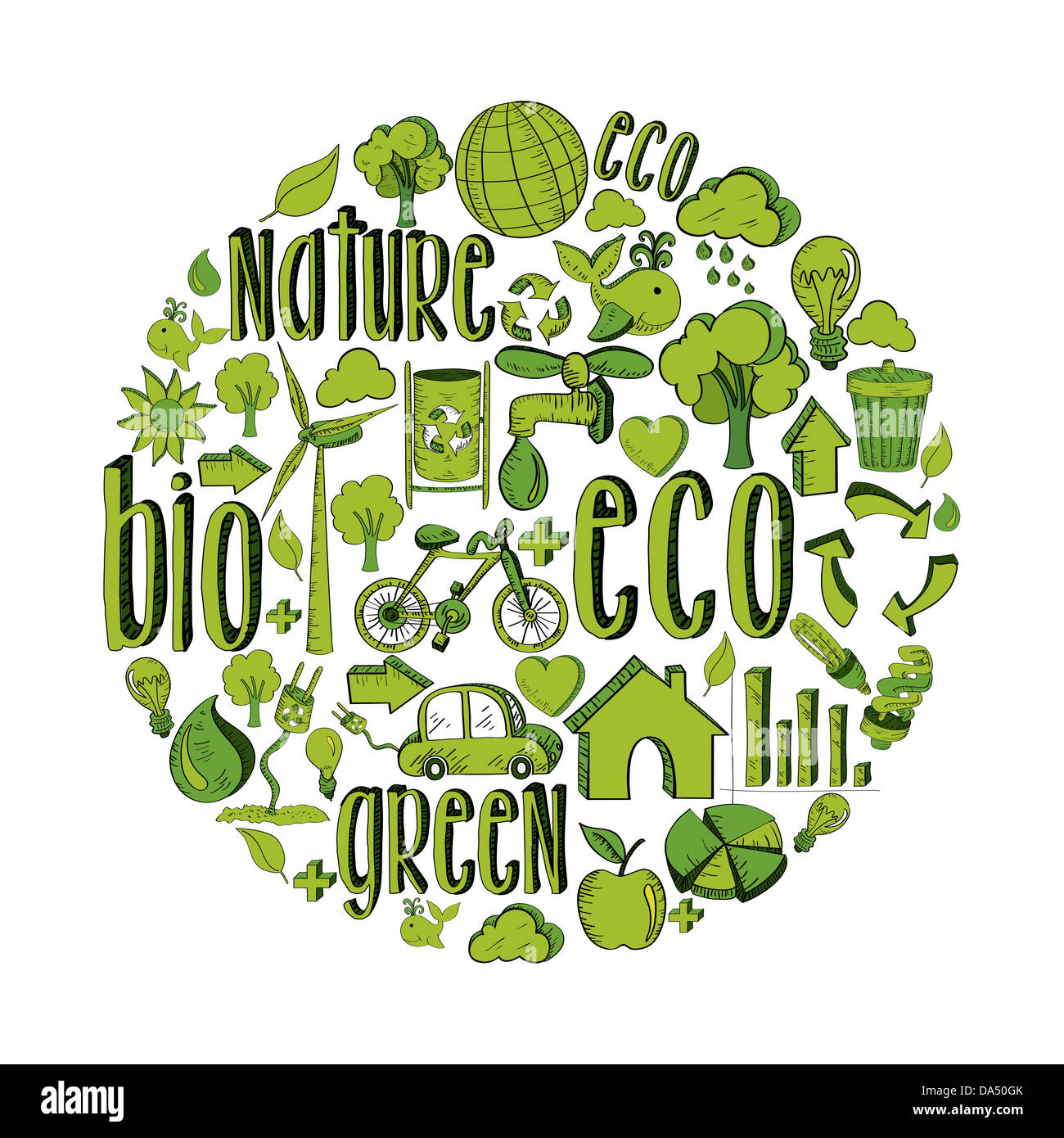 Circle with environmental hand drawn icons in green. This illustration ...