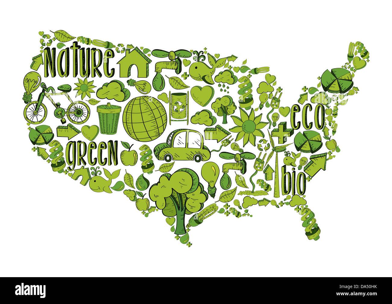 USA shape with environmental hand drawn icons in green. This ...