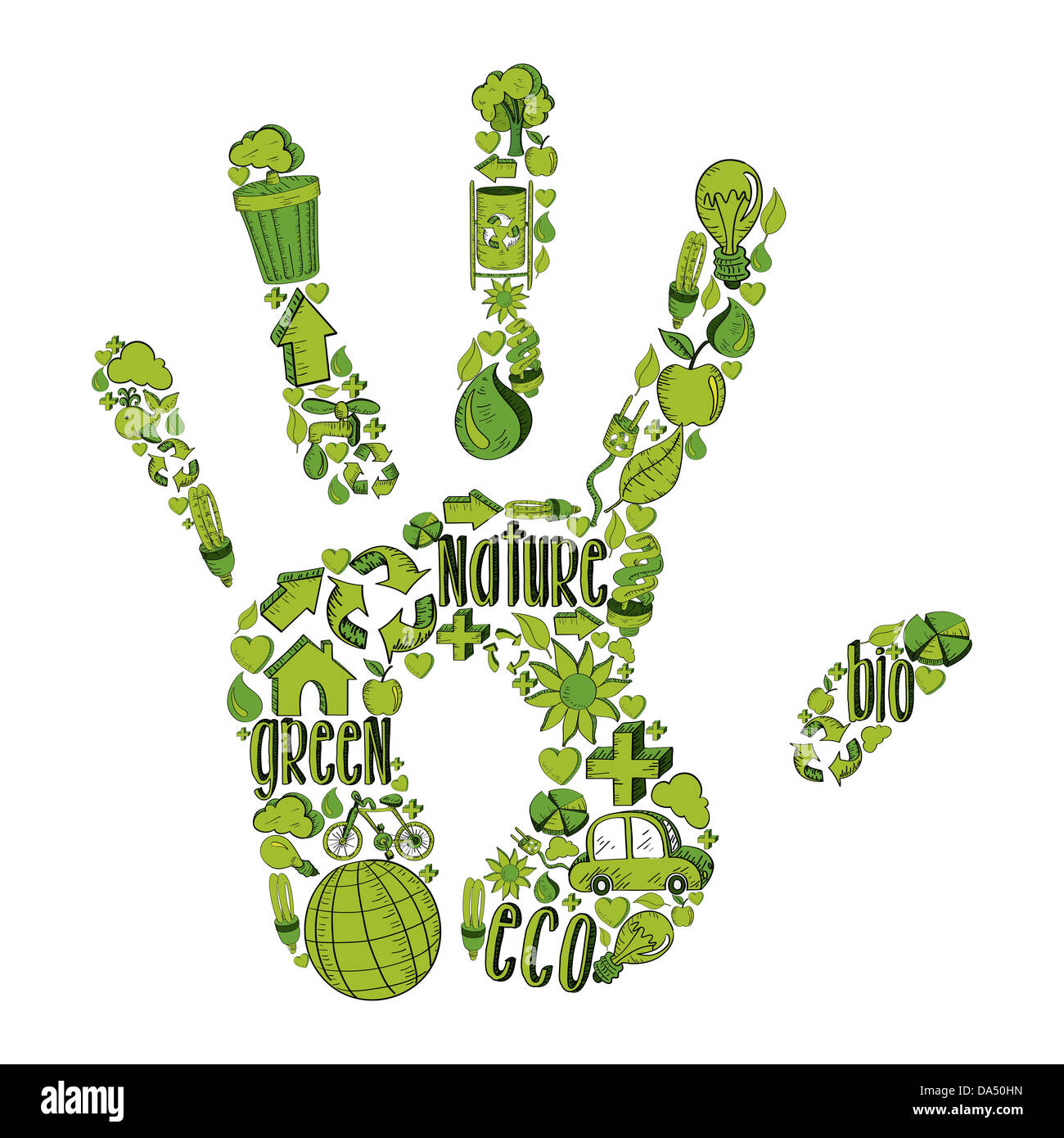 Trendy hand with environmental hand drawn icons in green. This ...