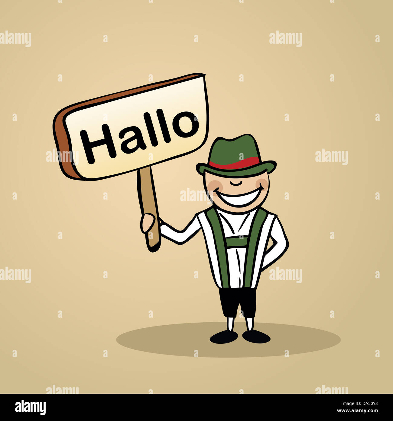 Trendy german man says hello holding a wooden sign sketch. Vector file ...