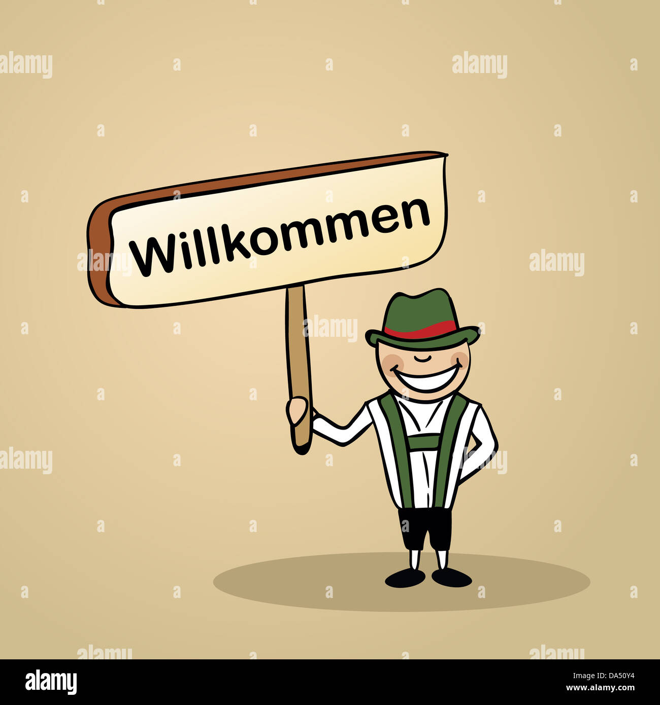 Trendy german man says welcome holding a wooden sign sketch. Vector ...