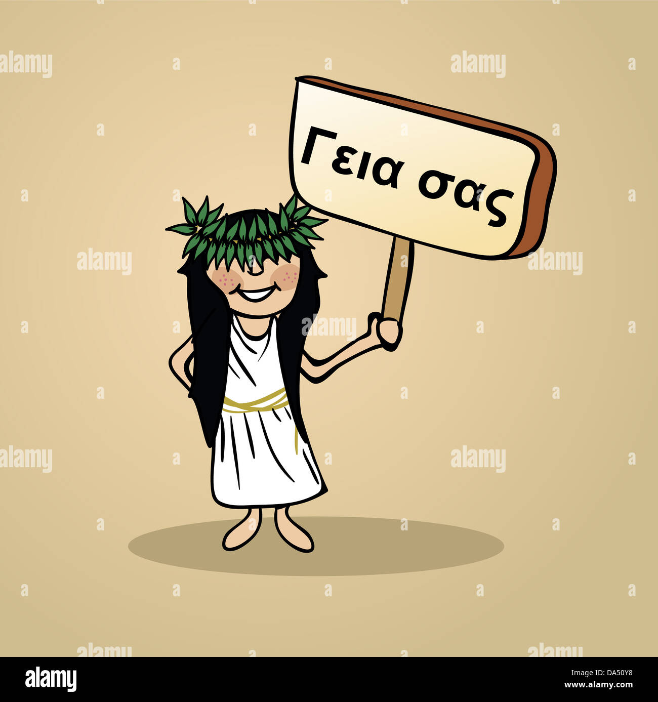 Trendy greek woman says hello holding a wooden sign sketch. Vector file ...