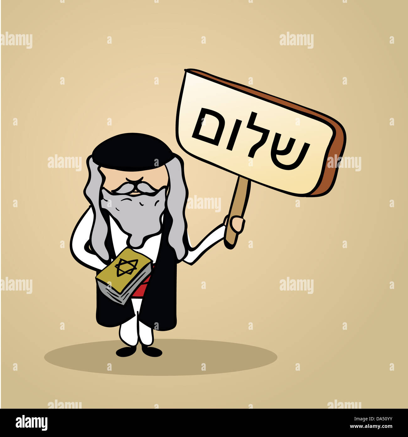 Trendy jewish man says Hello holding a wooden sign sketch. Vector file ...