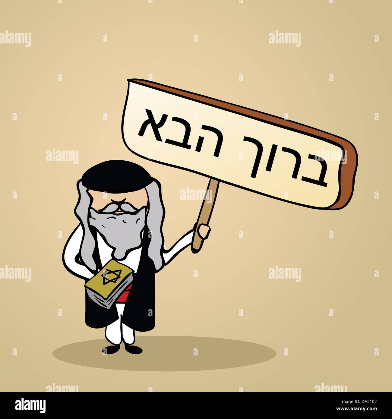 Trendy jewish man says welcome holding a wooden sign sketch. Vector ...
