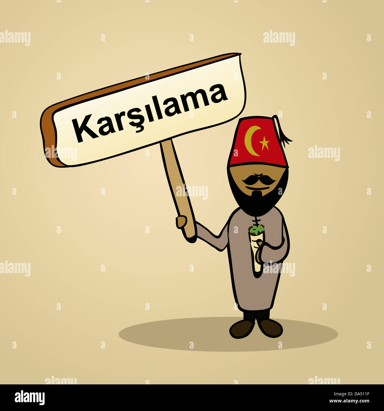 Trendy turkish man says welcome holding a wooden sign sketch. Vector ...