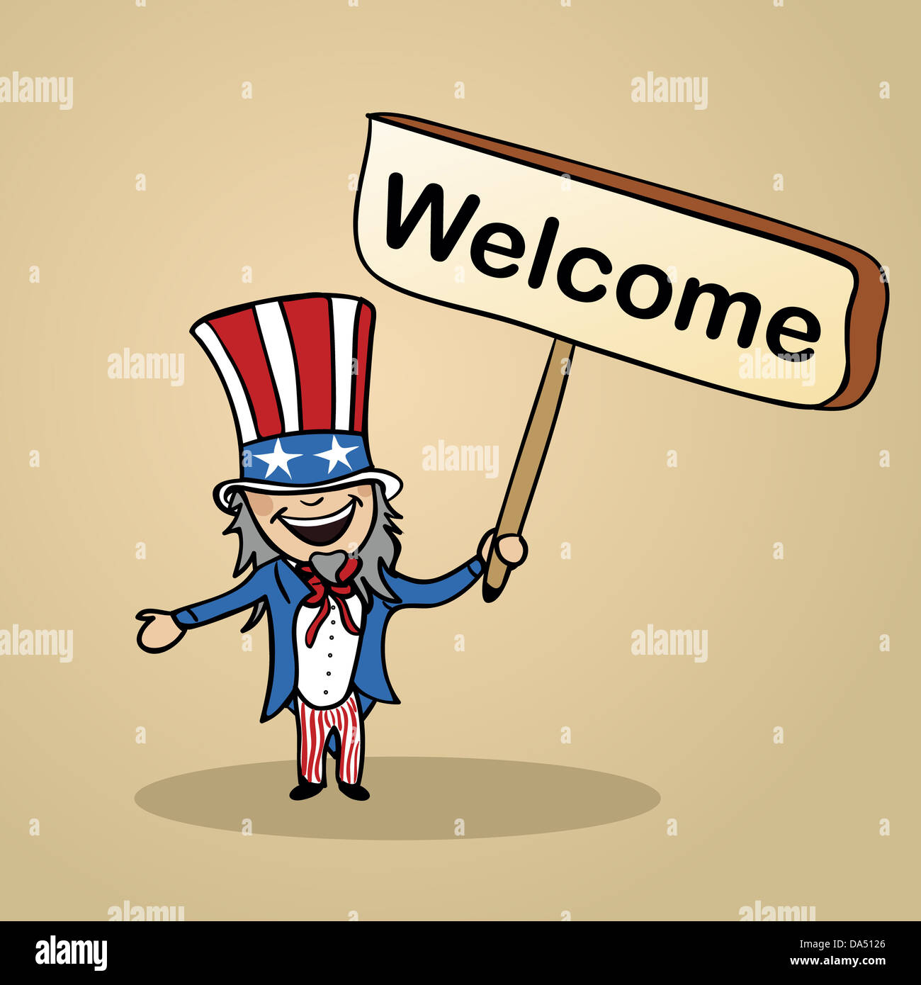 Trendy american man says welcome holding a wooden sign sketch. Vector ...