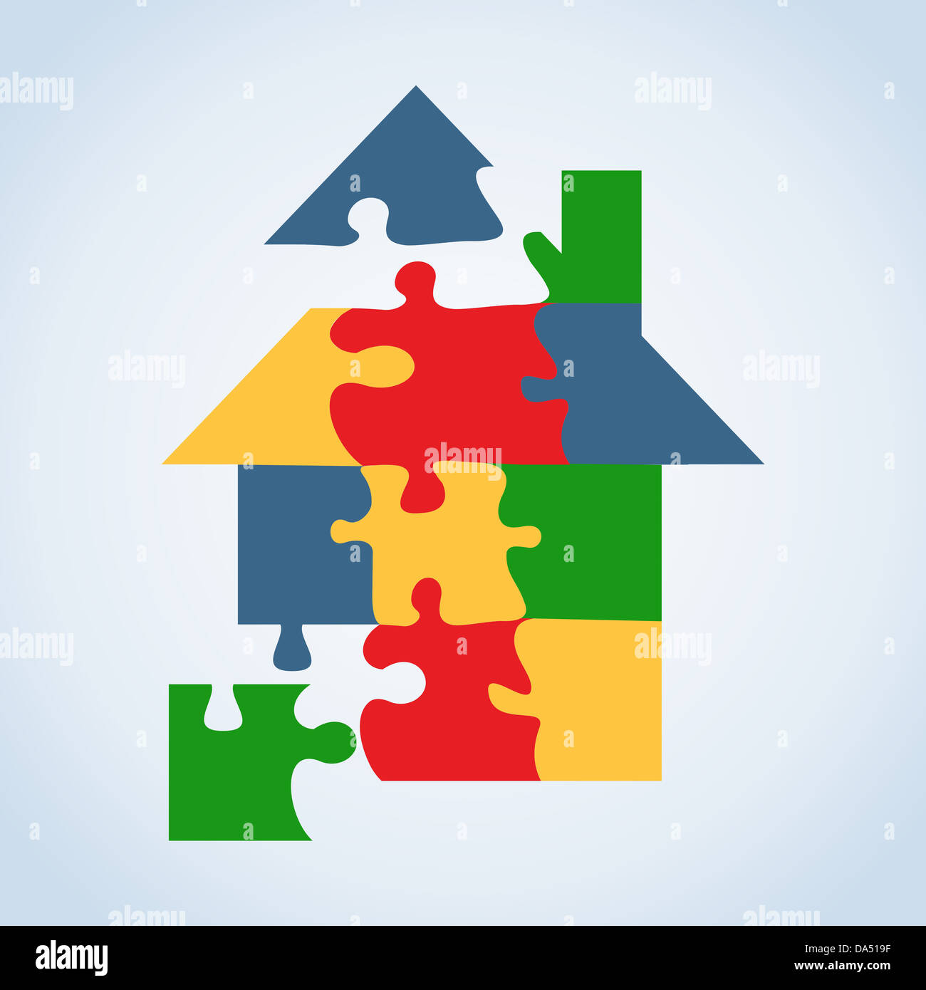 Real estate icon jigsaw house set in tree isolated silhouette over ...