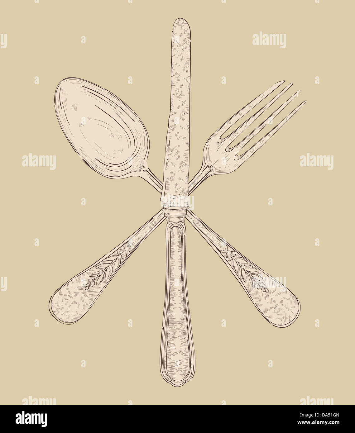 Hand drawn silverware set Fork, knife and spoon. Vector file layered ...