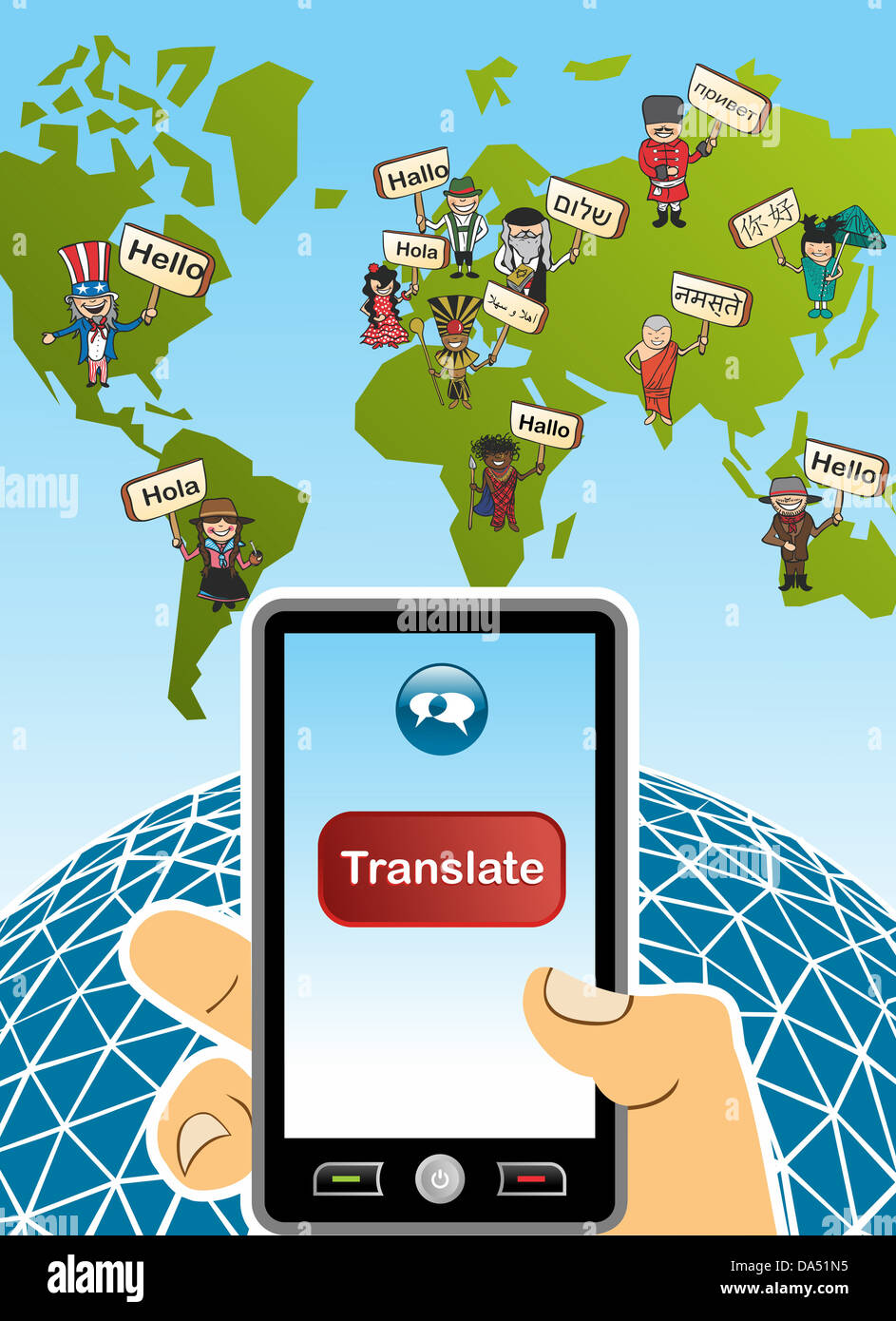 World map and hand with smartphone translation concept background ...