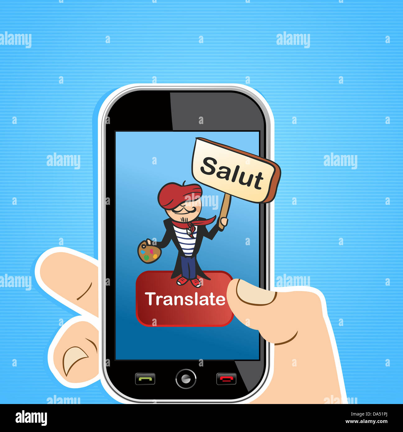 Hand holding a smart phone with French man and sign translation ...