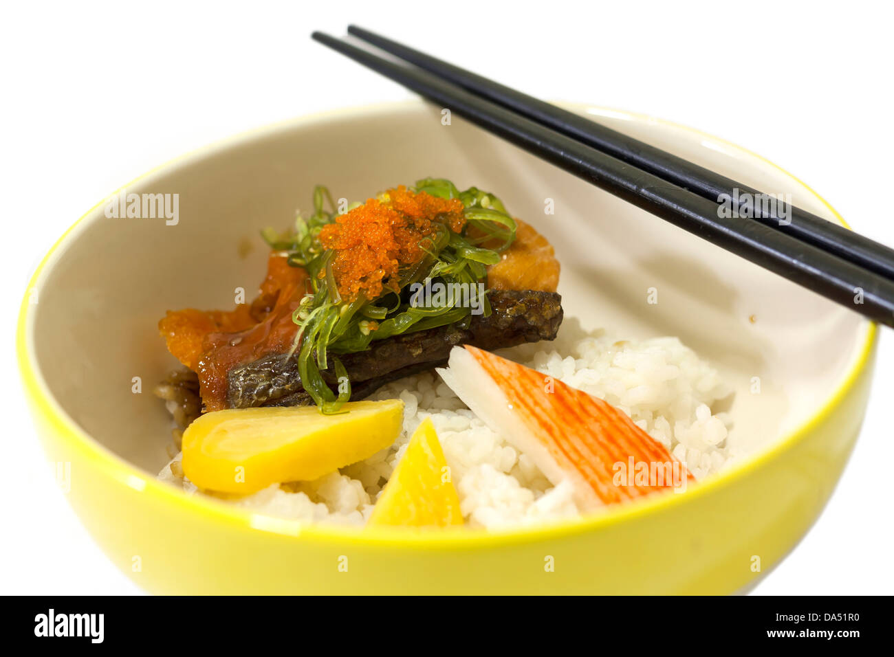Salmon rice with frying fish roe surf in yellow ceramic bowl Stock ...
