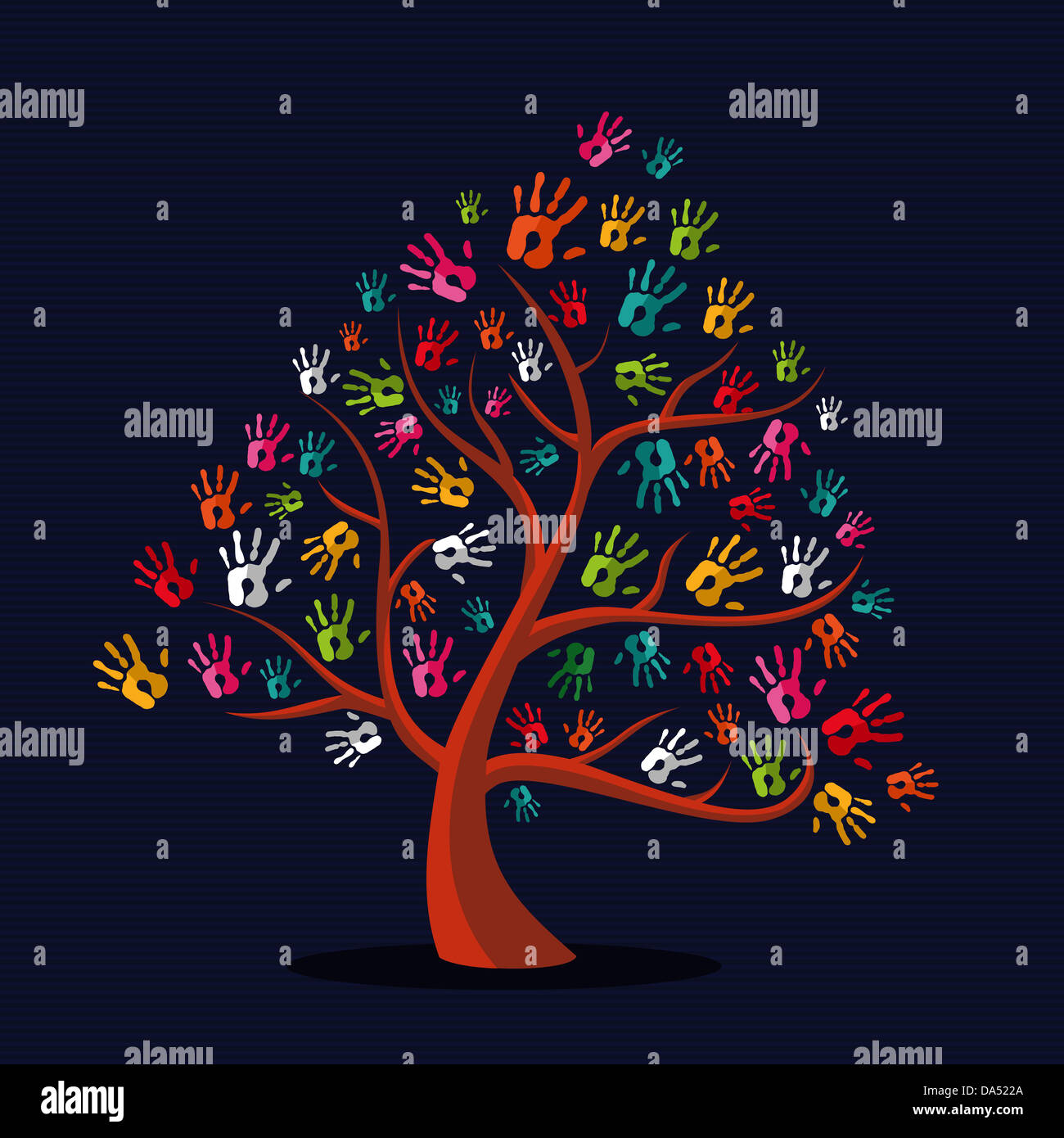 Diversity solidarity hand prints tree illustration over stripe pattern ...