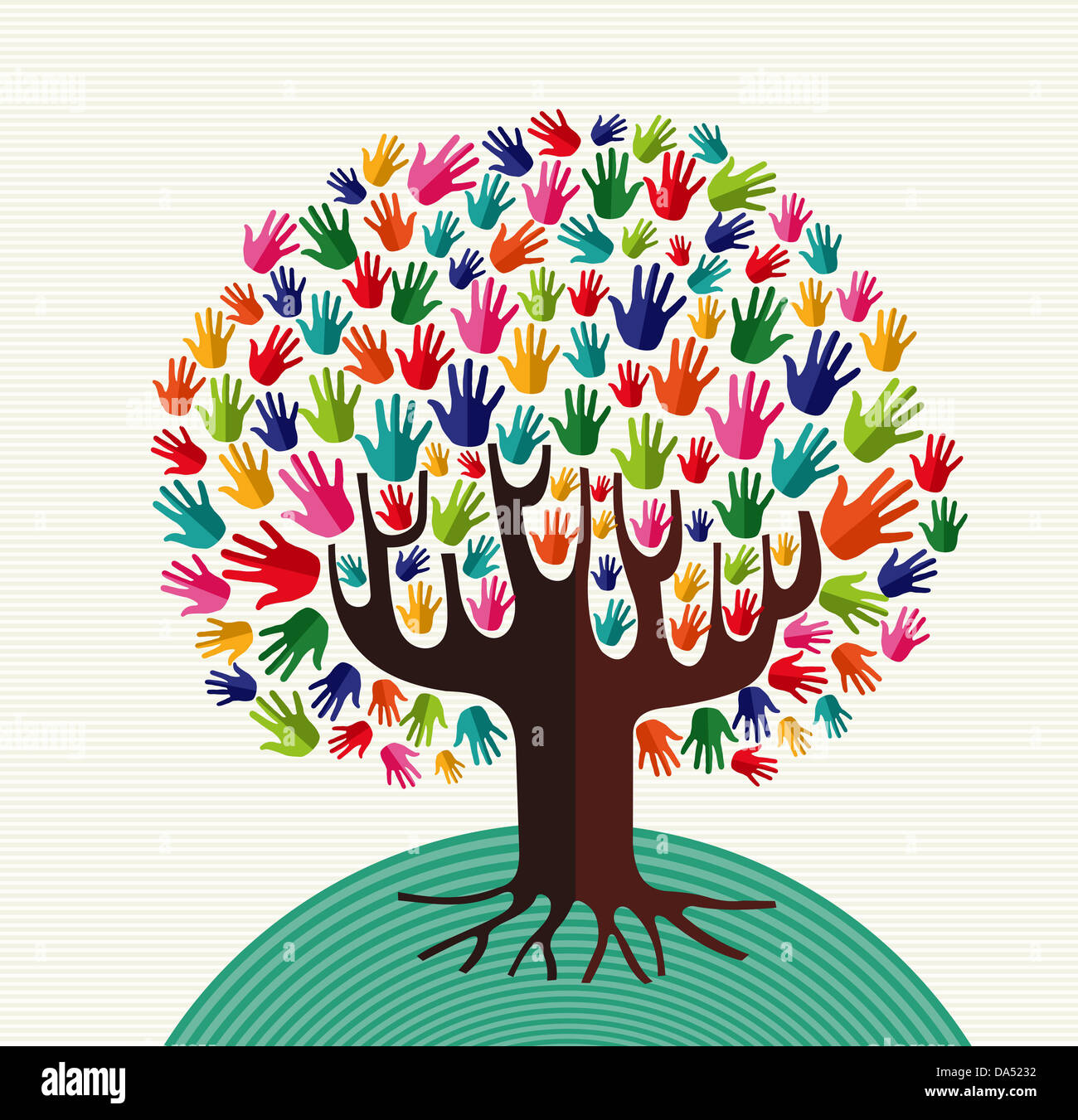 Colorful diversity tree hands illustration over stripe pattern ...